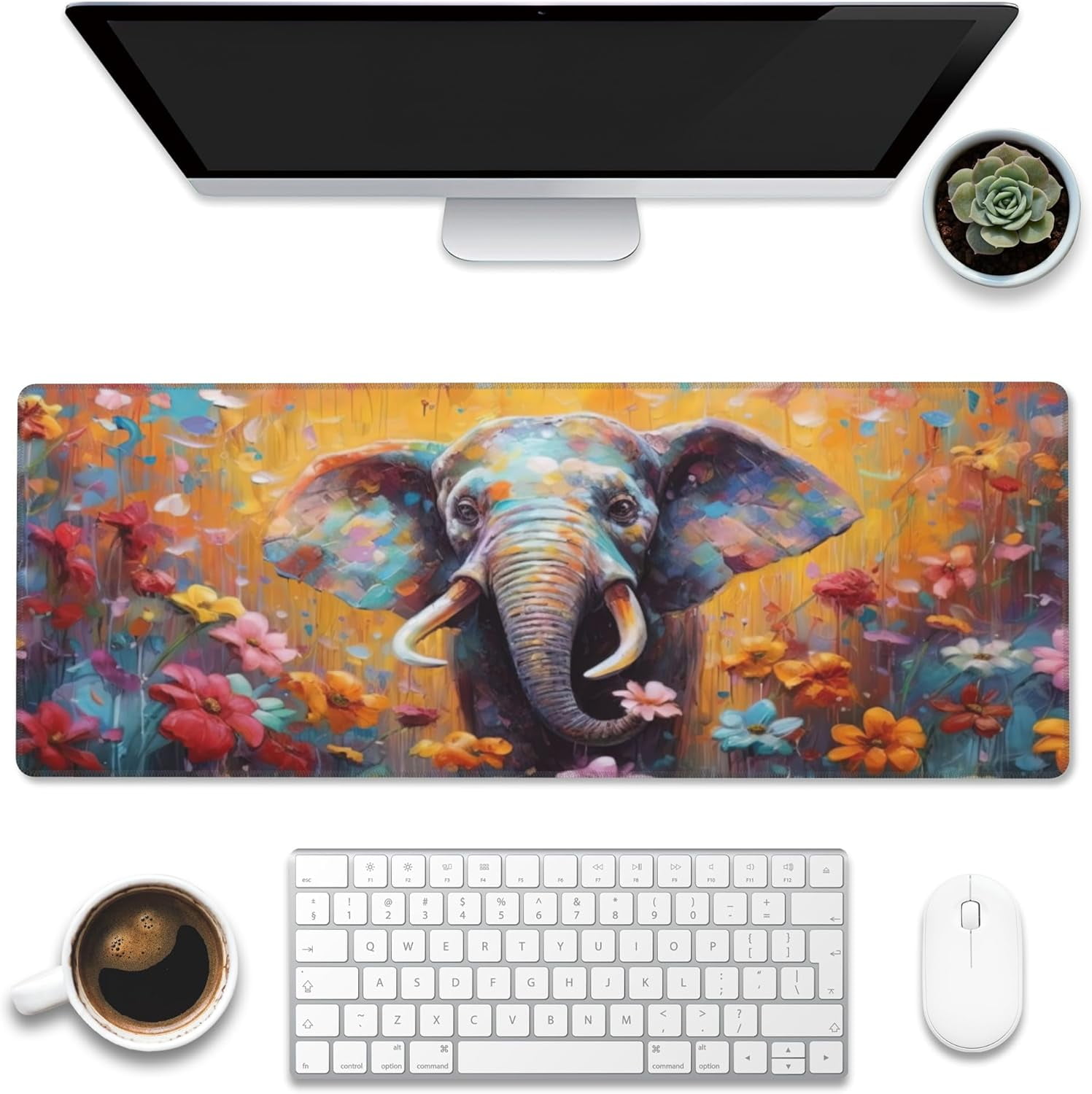 XL Mouse Pad,Elephant in Flower Blossom Large Gaming Mouse Pad,Cute ...