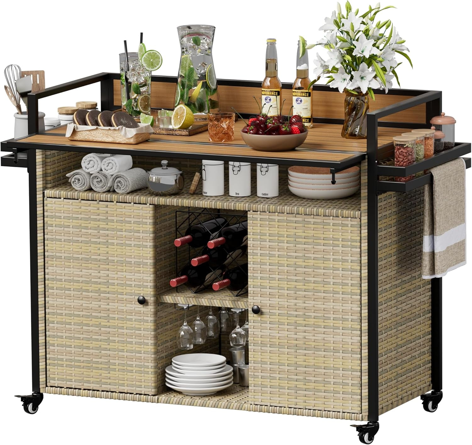 XL Outdoor Kitchen Wicker Rolling Bar Cart with Storage Cabinet ...