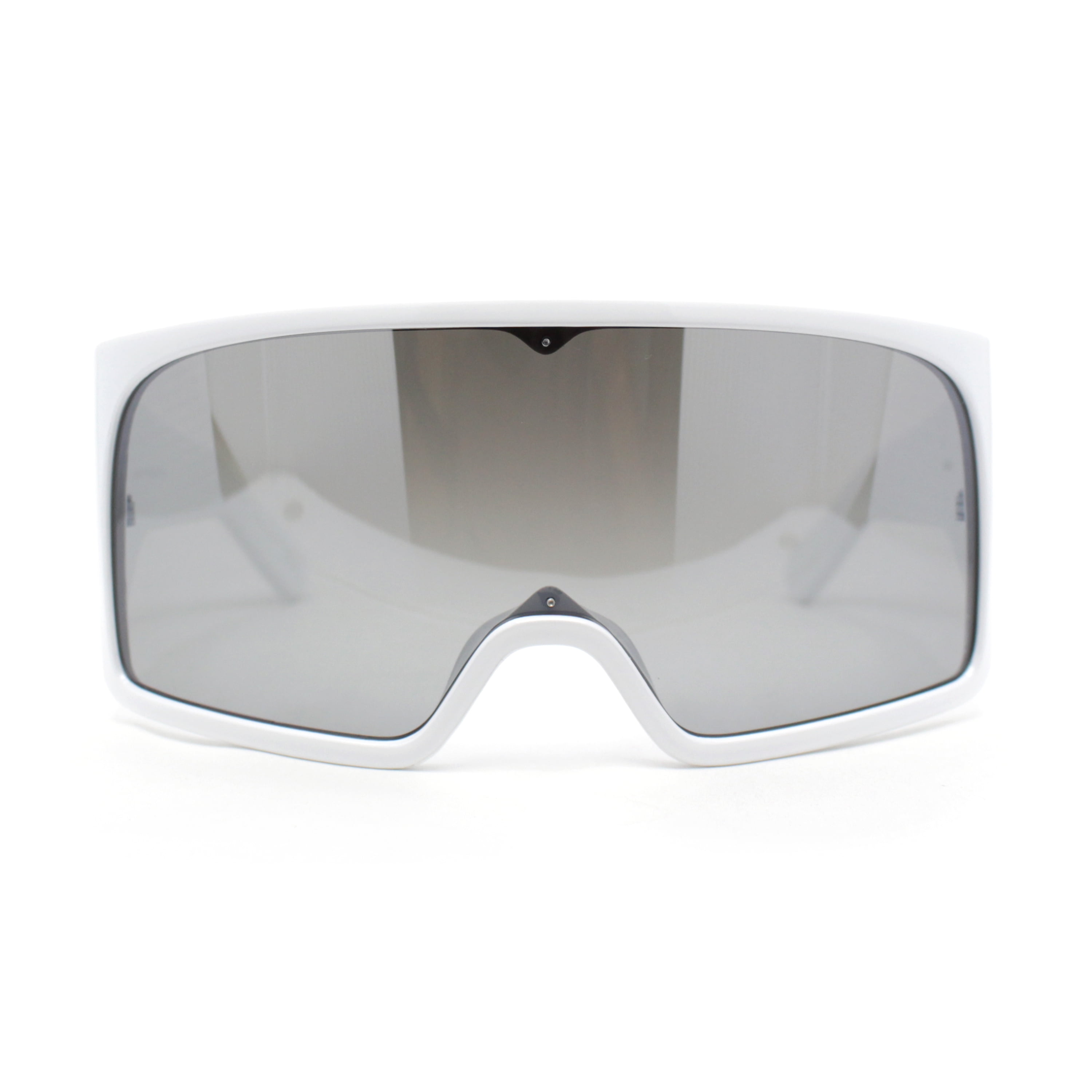 Xl Oversized Shield Rectangle Super Thick Temple Plastic Sport Sunglasses White Silver Mirror
