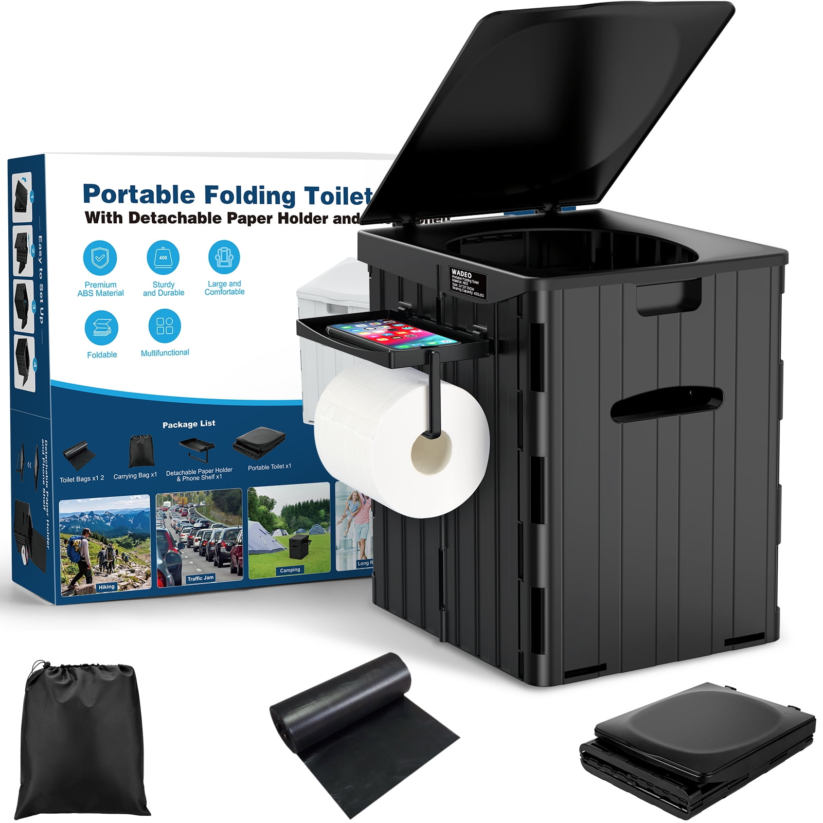 "XL 15.4""H Portable Travel Toilet with Detachable Shelf & Holder for ...