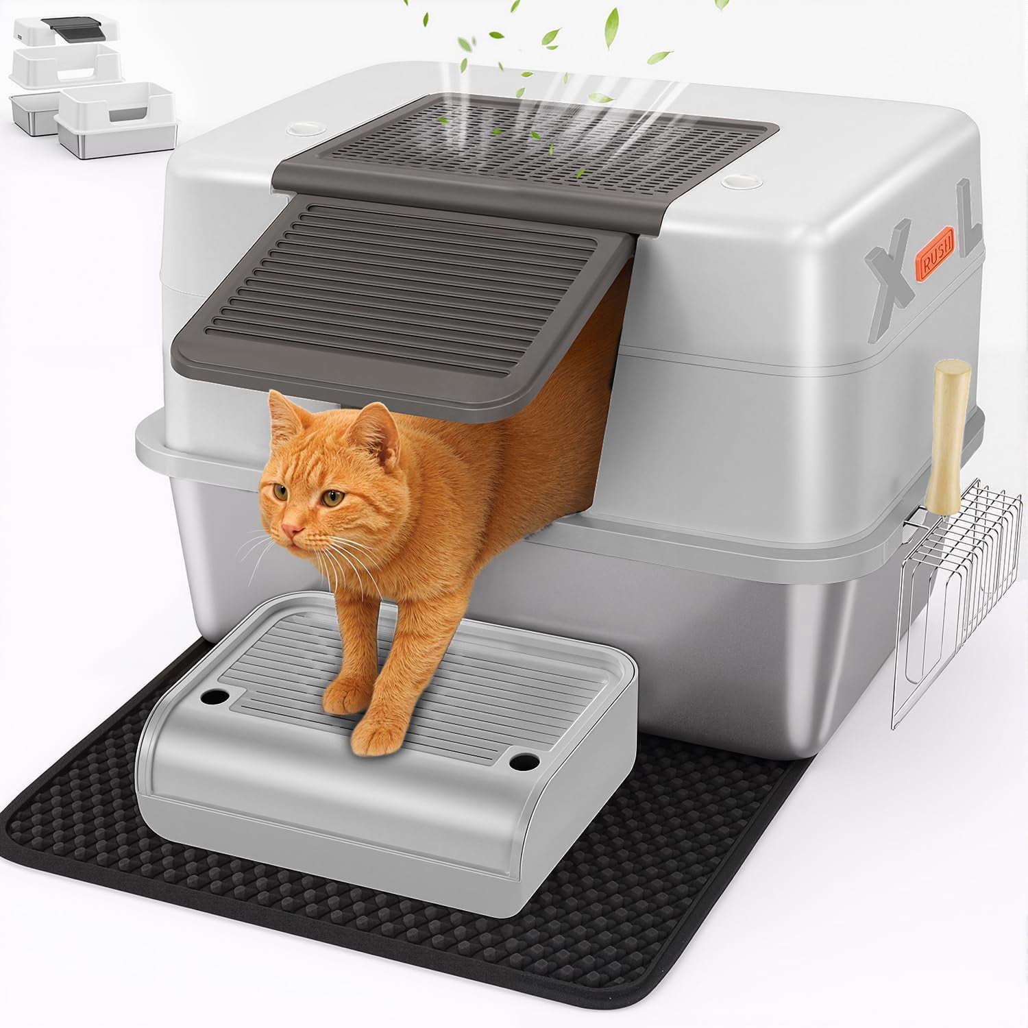 XL Premium Stainless Steel Enclosed Cat Litter Box with Lid, Extra ...
