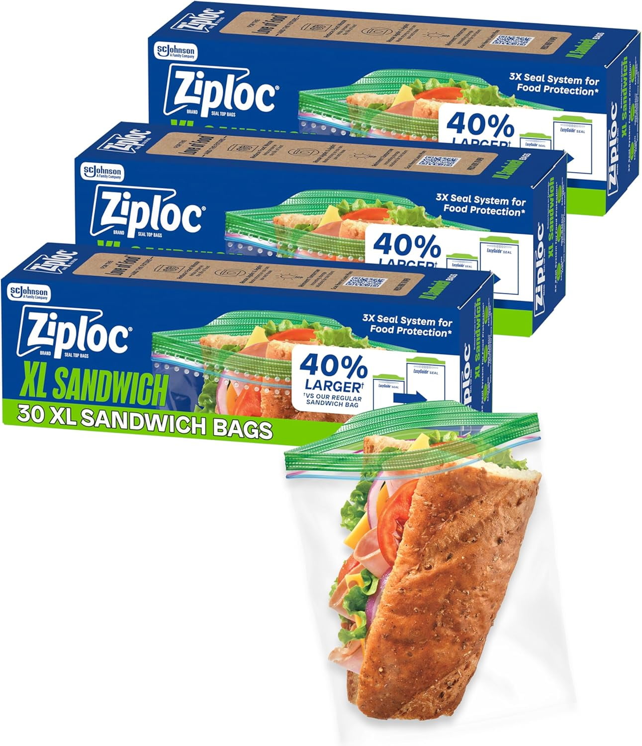 XL Sandwich and Snack Bags with EasyGuide Texture, Plastic Storage Bags ...
