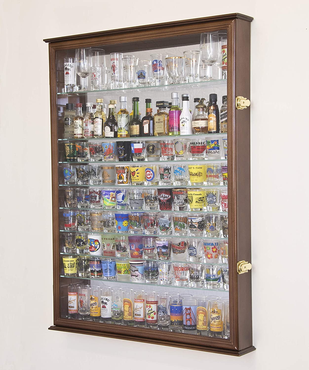 XL Shot Glass Display Case Rack Holder Cabinet w/Mirror Backed and 11 ...