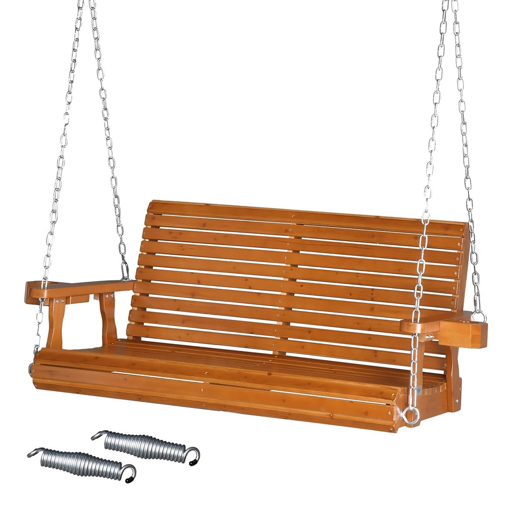 XL Size Patio Wooden Porch Swing Outdoor with Cup Holders, Heavy Duty ...
