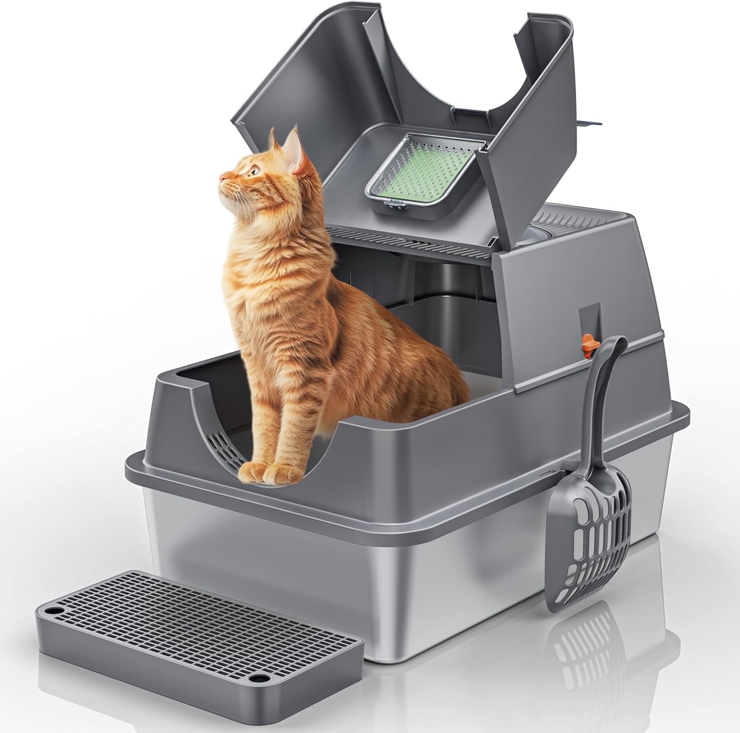 PetWhole XL Stainless Steel Enclosed Cat Litter Box with Pedal, Scoop ...
