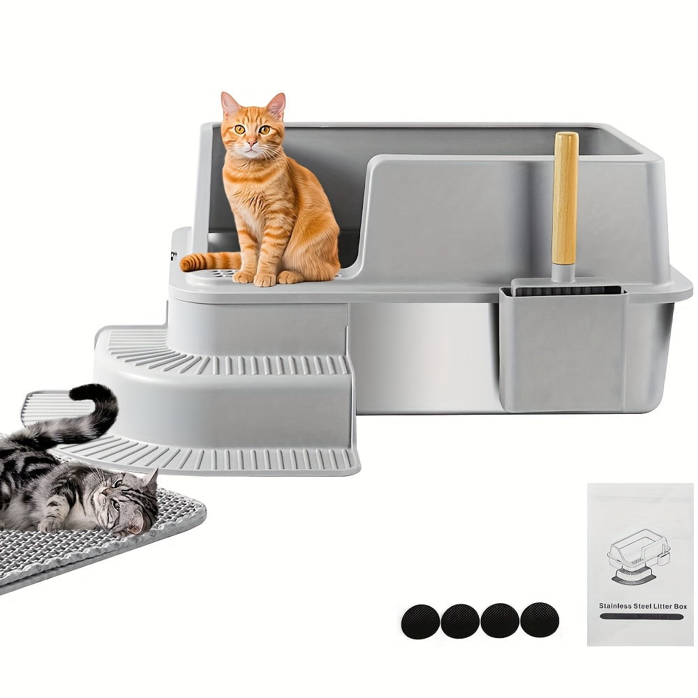 XL Stainless Steel Cat Litter Box - Leak-Proof High-Sided with Lid ...