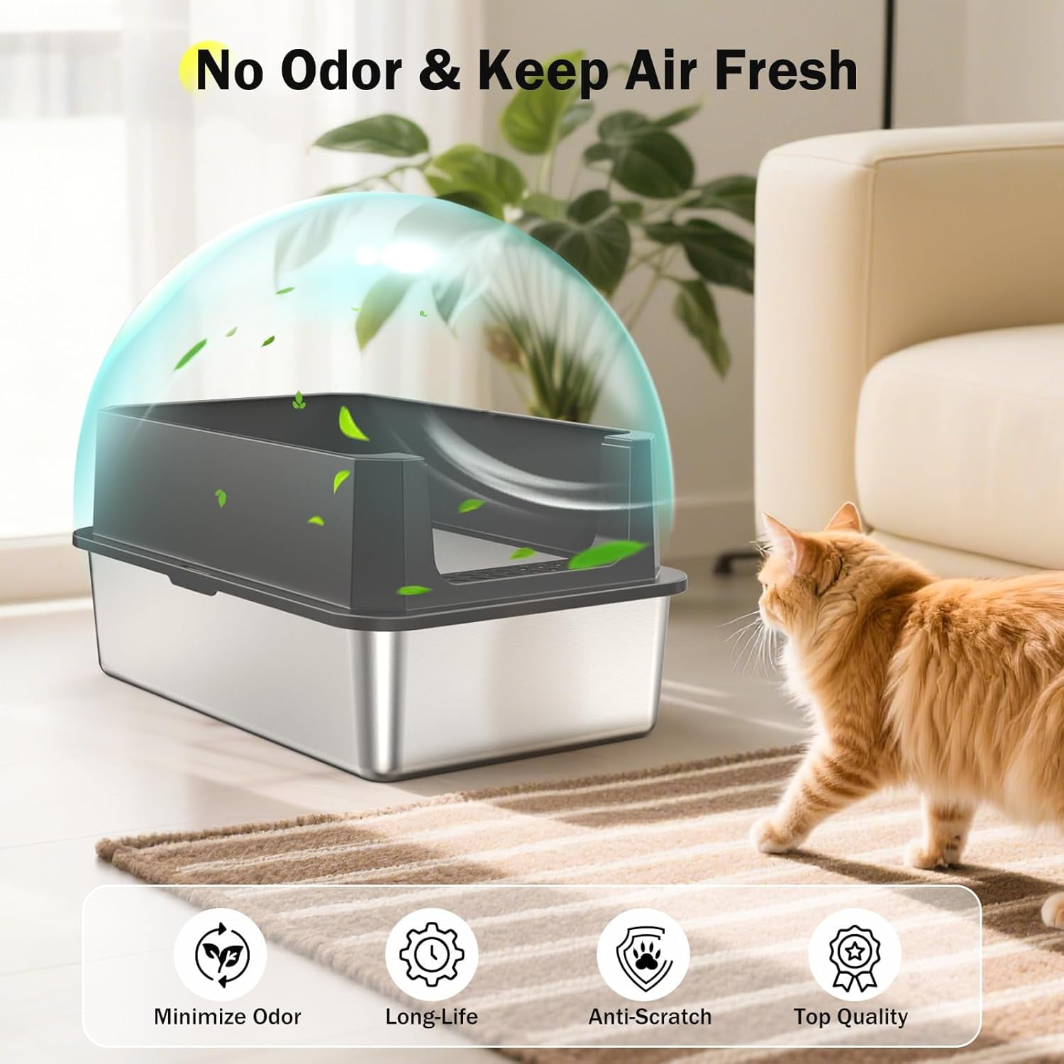 XL Stainless Steel Cat Litter Box with Lid, Extra Large High-Sided ...