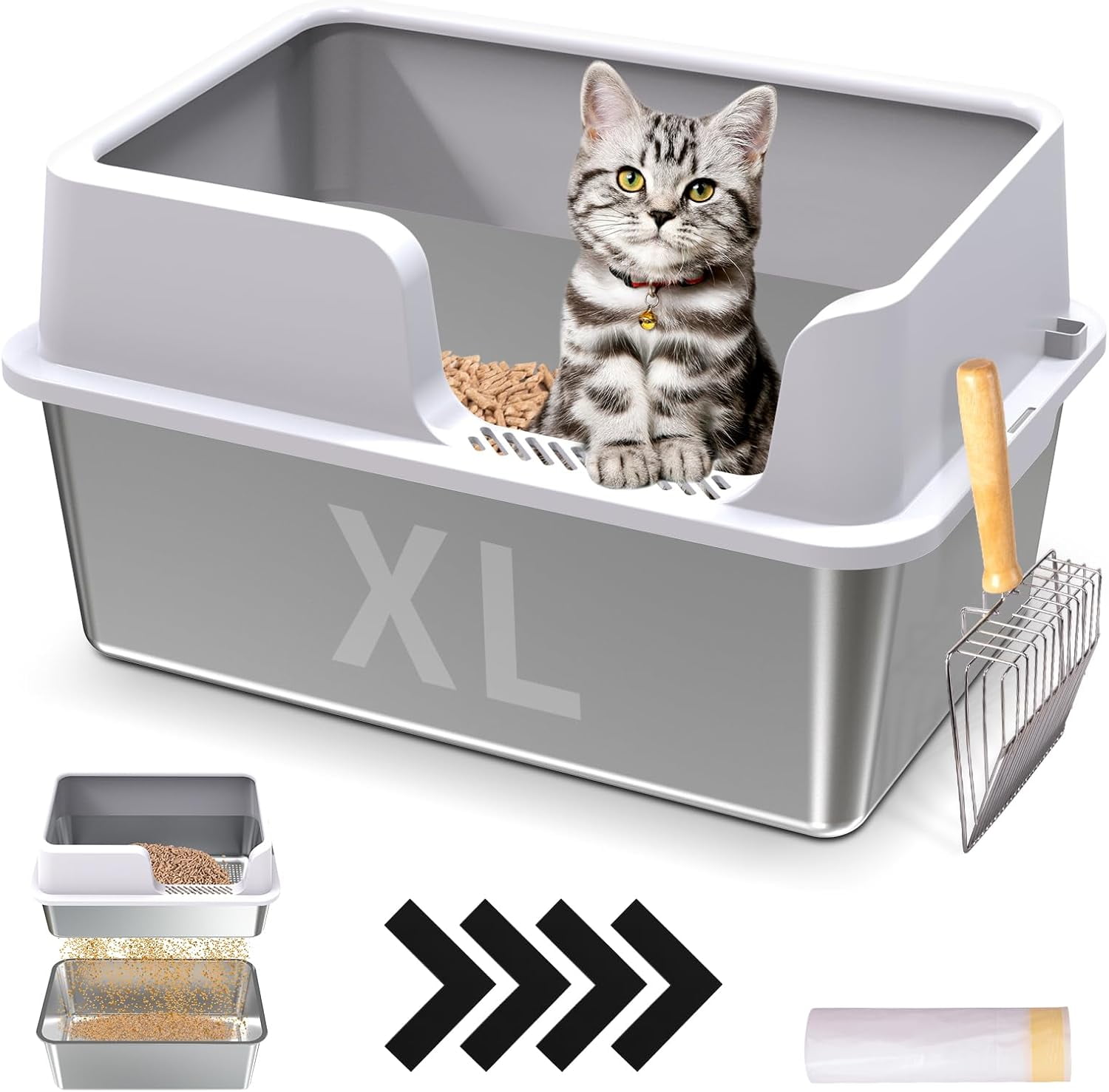 XL Stainless Steel Sifting Cat Litter Box with Sifting Box & Bottom Pan ...