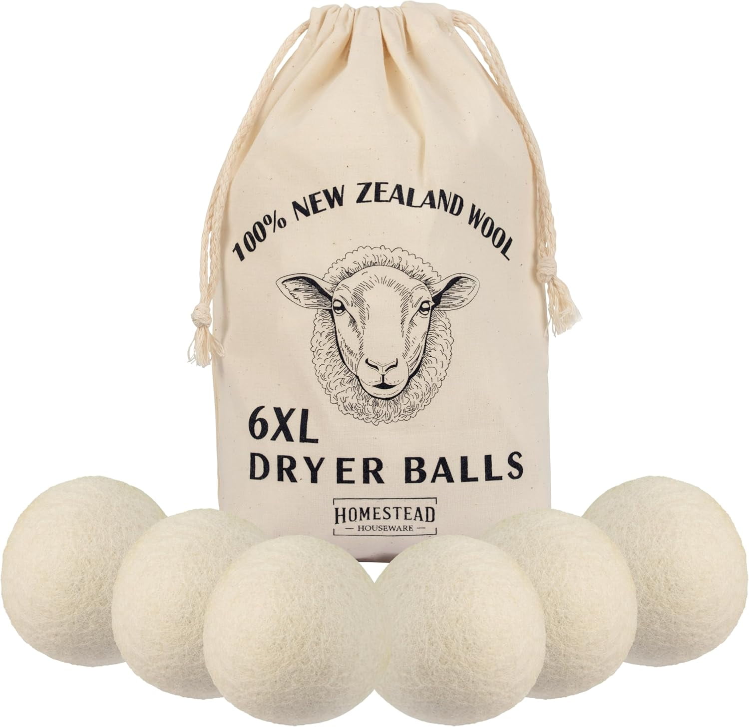 XL Wool Dryer Balls 6-Pack – 100% New Zealand Wool, Natural Fabric ...