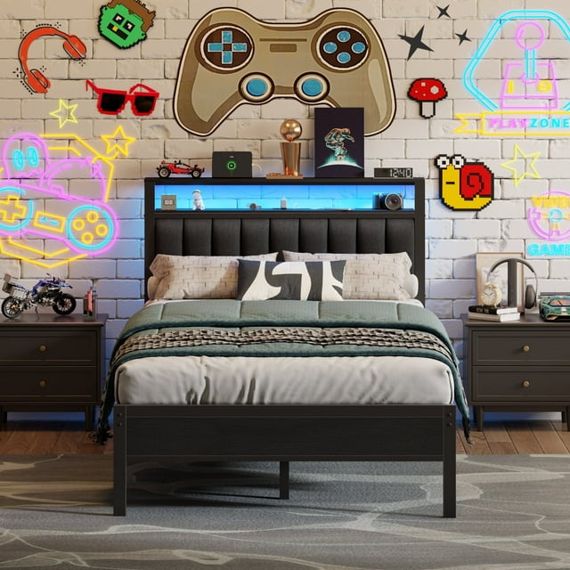 Hexmn Full Size Platforrm Bed Frame with Charging Station, LED Standard ...