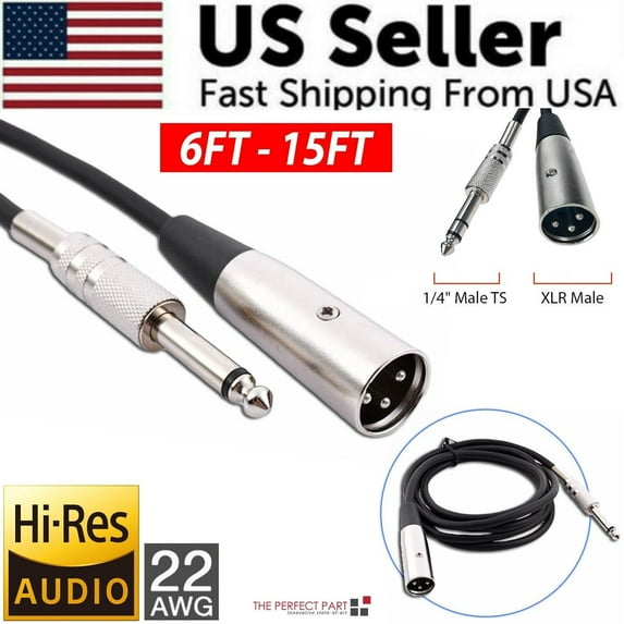 XLR 3-Pin Male To 1/4" Plug TS Microphone Mono Cable Unbalanced ...