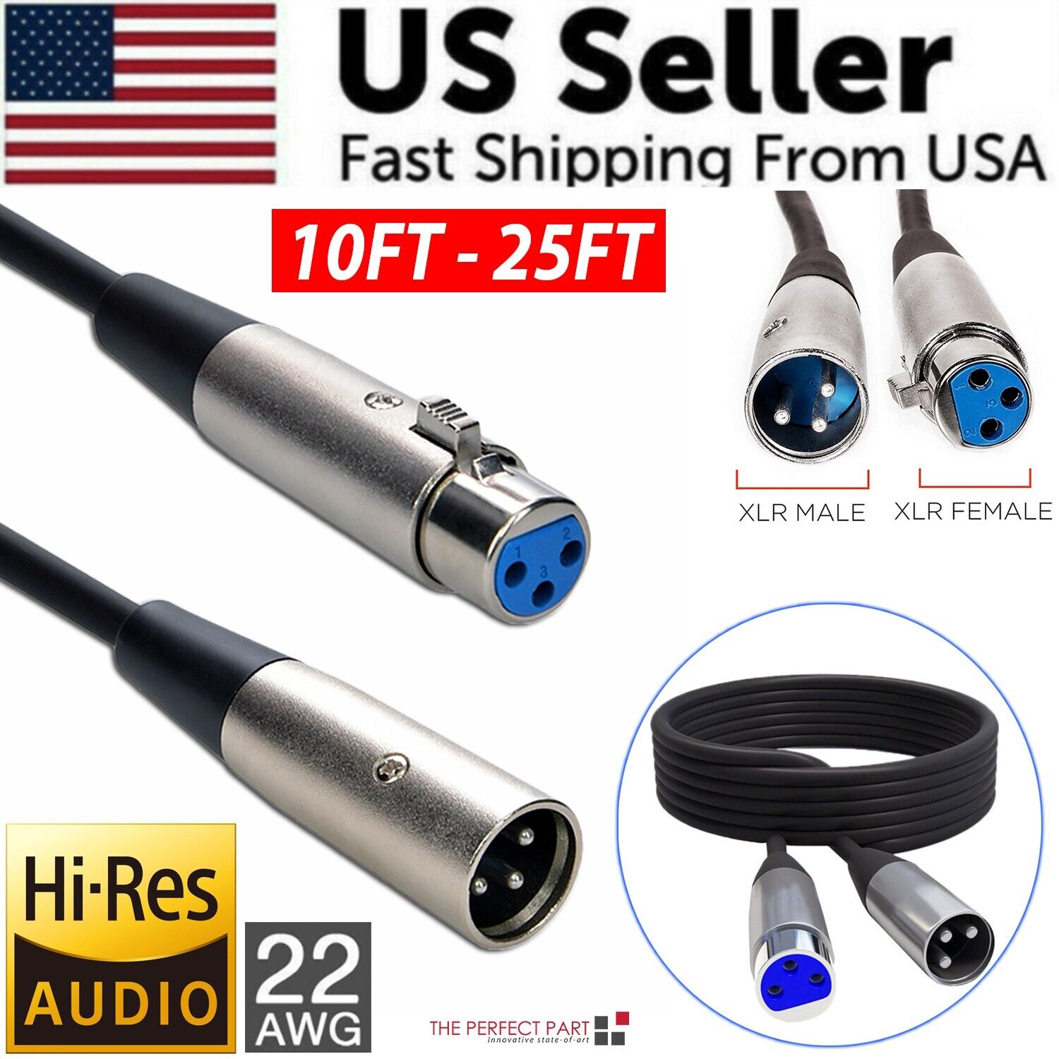 XLR Microphone MIC 3-Pin Male To Female Cable Cord Connector Extension ...