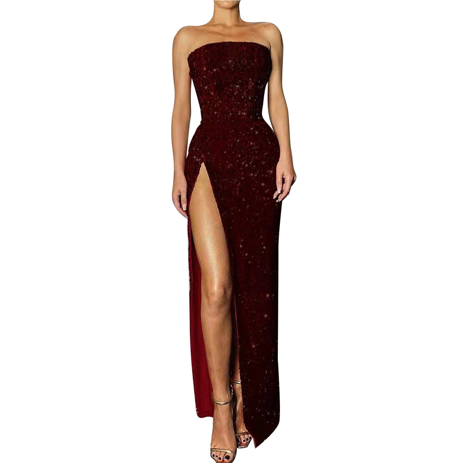 Xlzwnu Prom Dress Strapless Dress Womens Strapless Slit Sexy Sequin Evening Dress Dress Girls