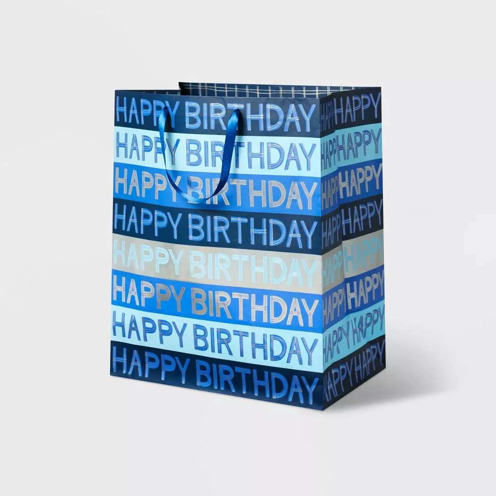 XLarge "Happy Birthday" Script Blue: Multicolor Typography Gift Bag, 19 ...