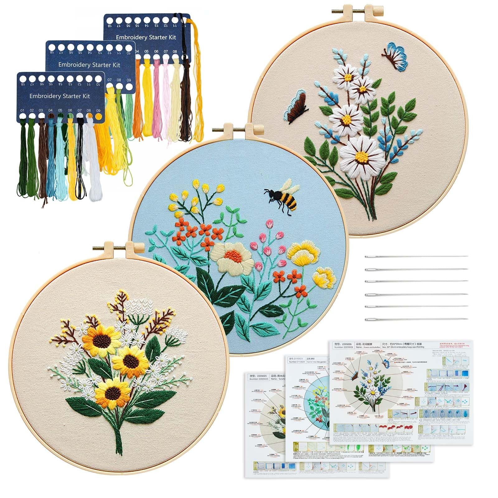 XM-GENYUE 3 Sets Bee Butterfly and Flower Embroidery Starter Kit with ...