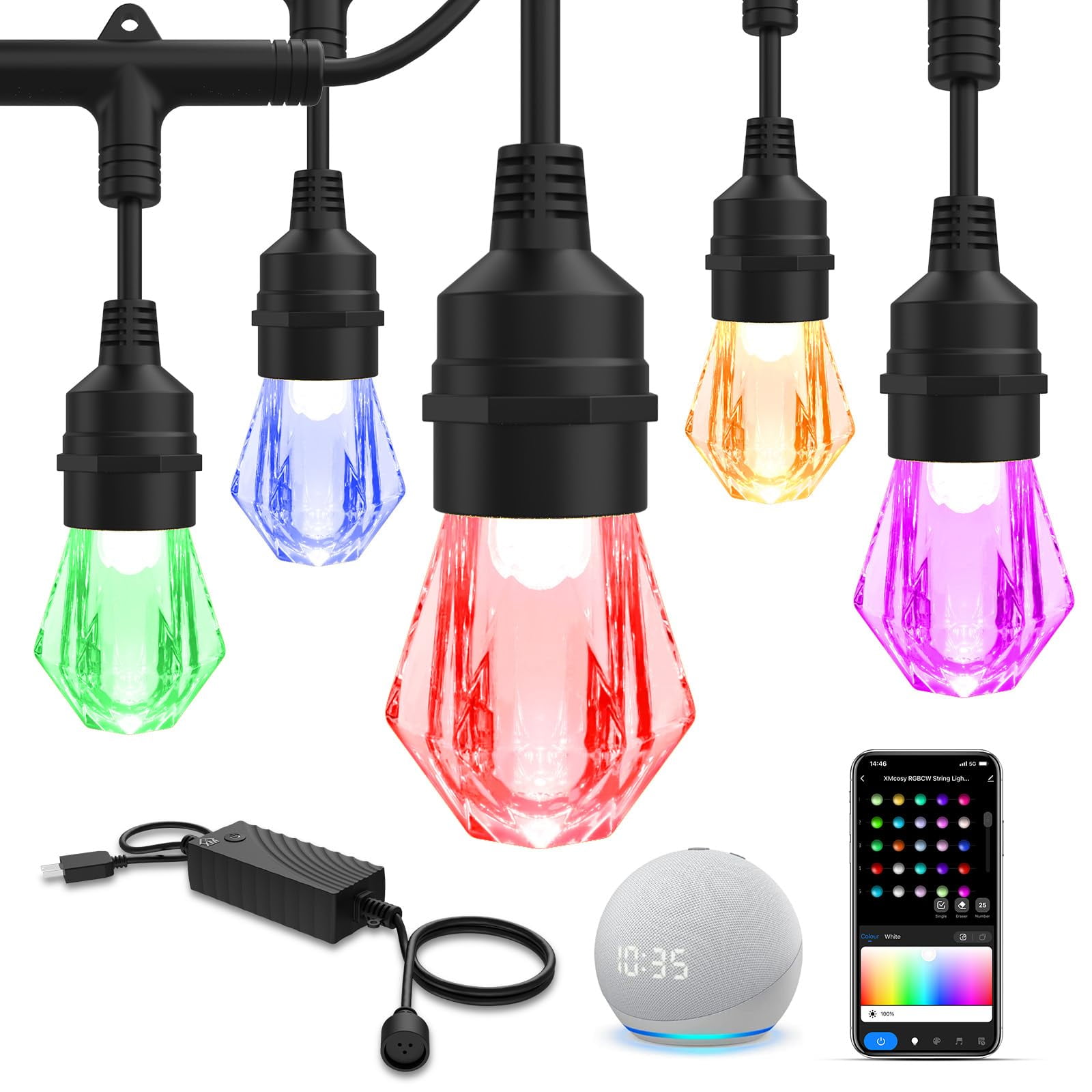 XMCOSY+ Smart Outdoor String - 64ft RGBCWIC Patio with 24 Color ...