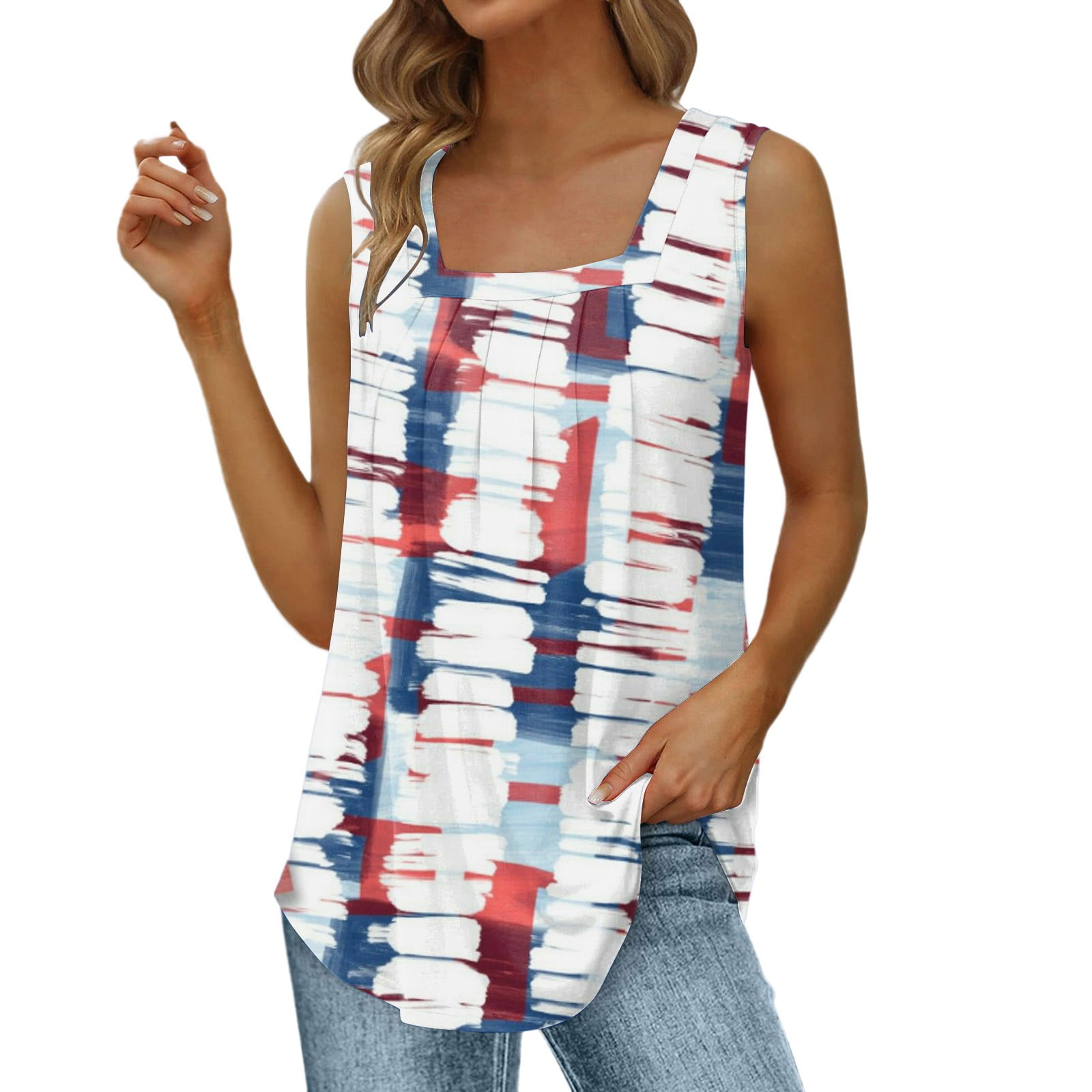 Xmhjsmd Summer Vest Loose Pleated Square Neck Sleeveless Top Curved Hem