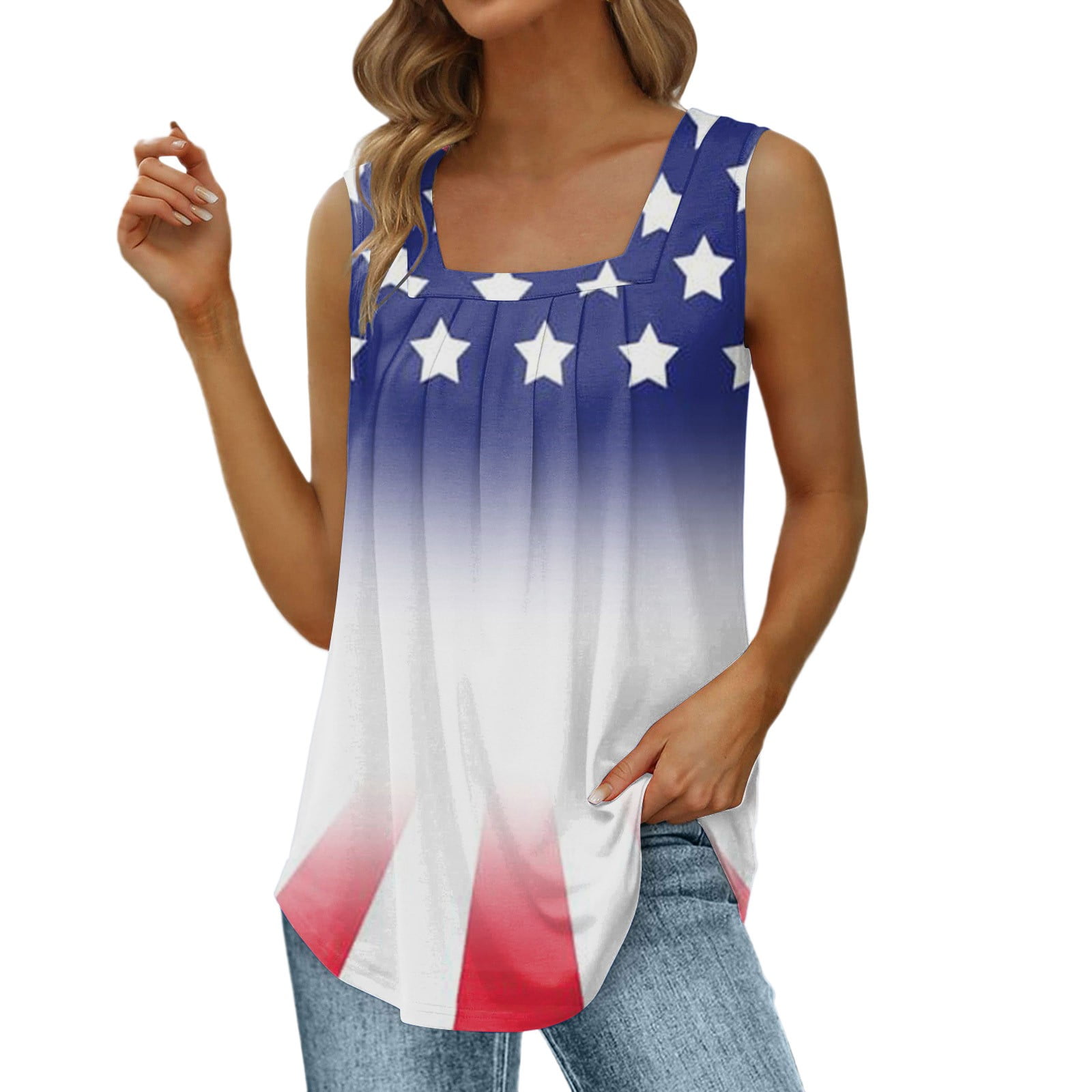 Xmhjsmd Summer Vest Loose Pleated Square Neck Sleeveless Top Curved Hem