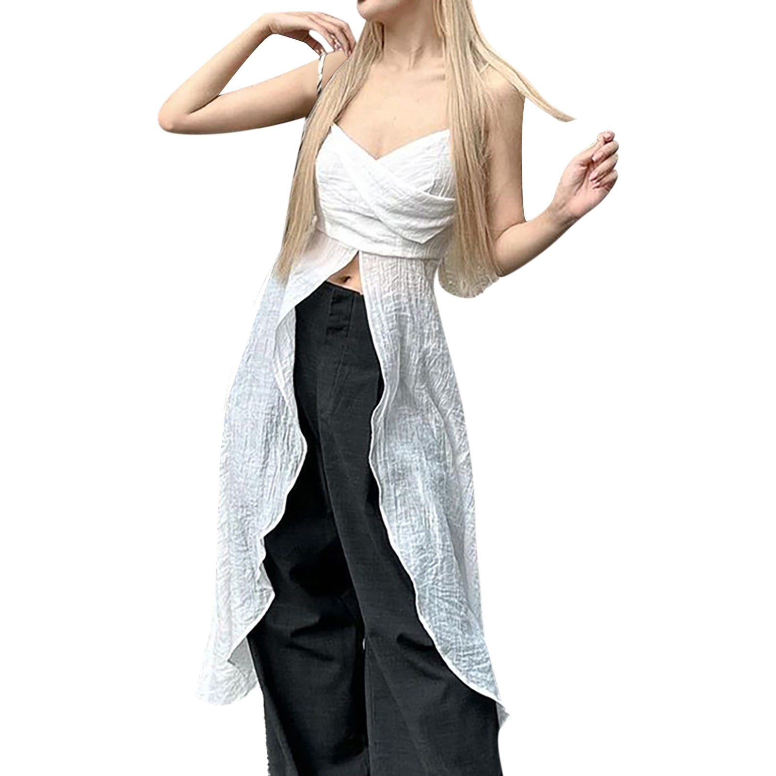 XMHJSMD Women's Solid Colour Resort Casual Style Pleated Split Long ...