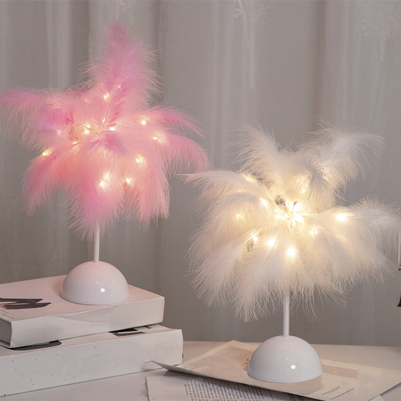 XMMSWDLA Feather Table Lamp, Feather Night Light, LED Atmosphere Light ...