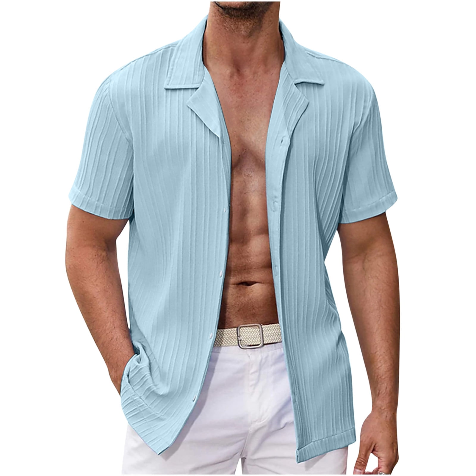 XMMSWDLA Mens Short Sleeve Camp Shirt Linen Cotton Beach Button Down Shirts Light Blue Gym ...
