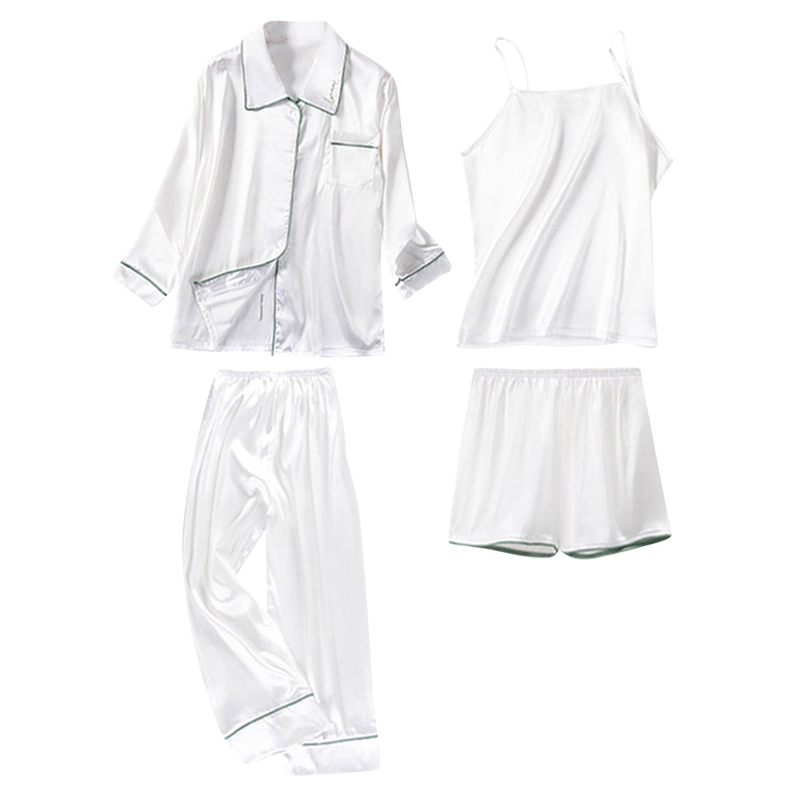 XMMSWDLA Pajamas Satin Long Sleeve Set 4pcs Womens Pajamas Silk ...