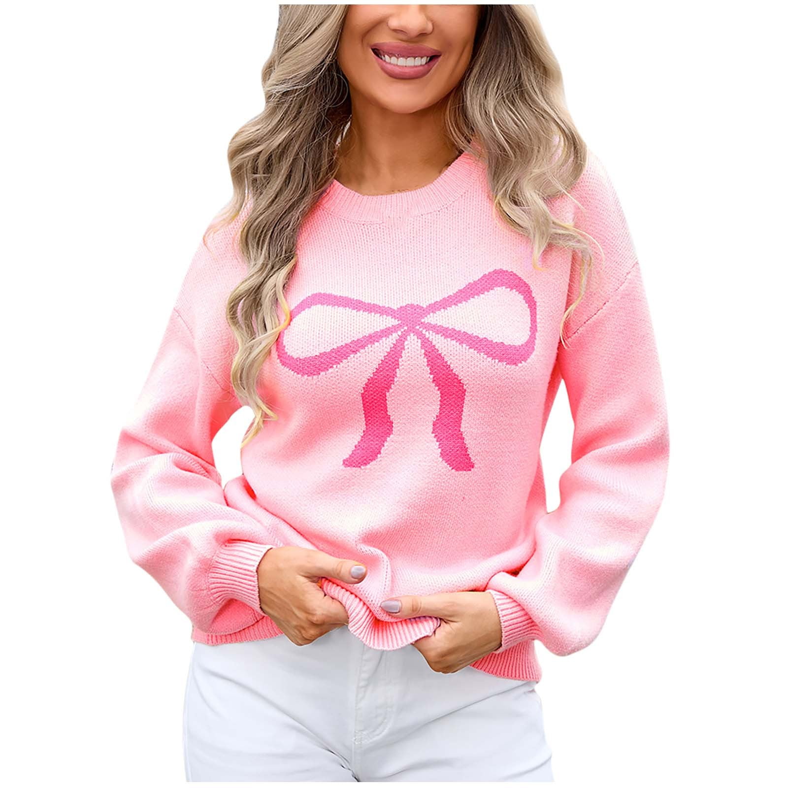 XMMSWDLA Women Bow Knit Sweater Crew Neck Long Sleeve Knitted Pullover Oversized Contrast Trim ...
