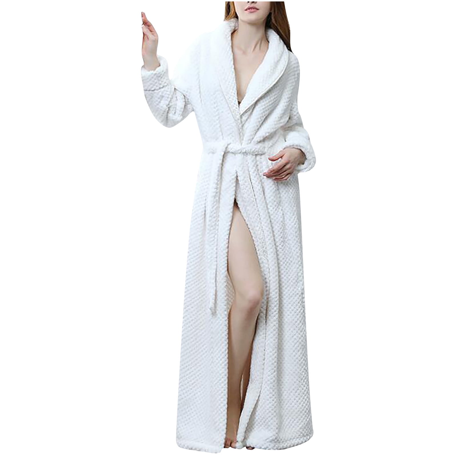 XMMSWDLA Women Plush Fleece Robe, Light Grey Soft Textured Bathrobe ...