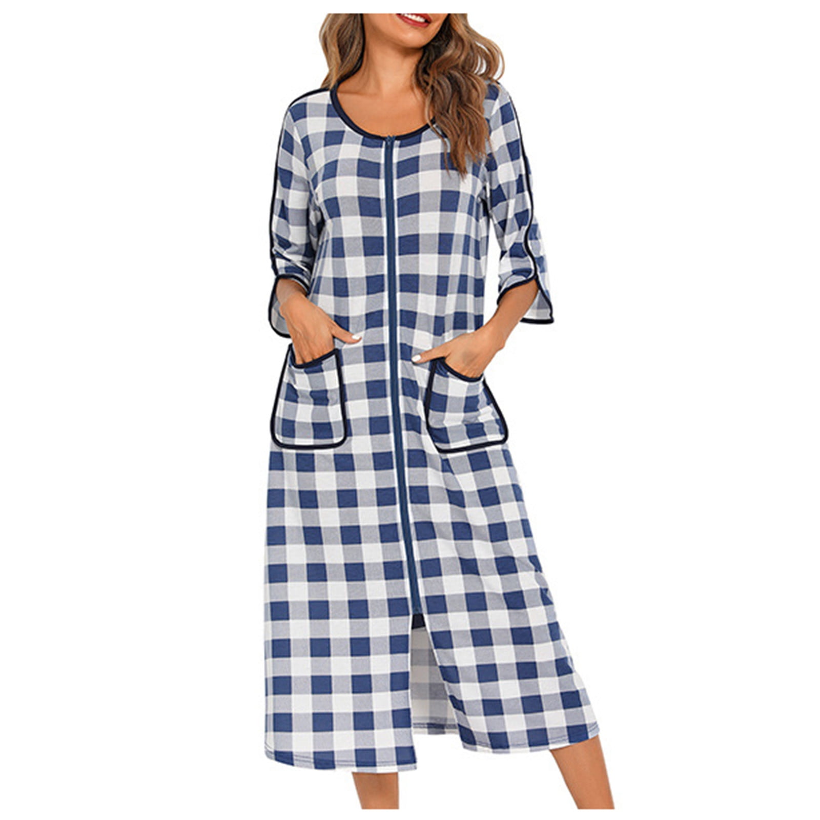 XMMSWDLA Long Robes for Women Zip Up Bathrobes Ladies Soft Cotton Robe ...