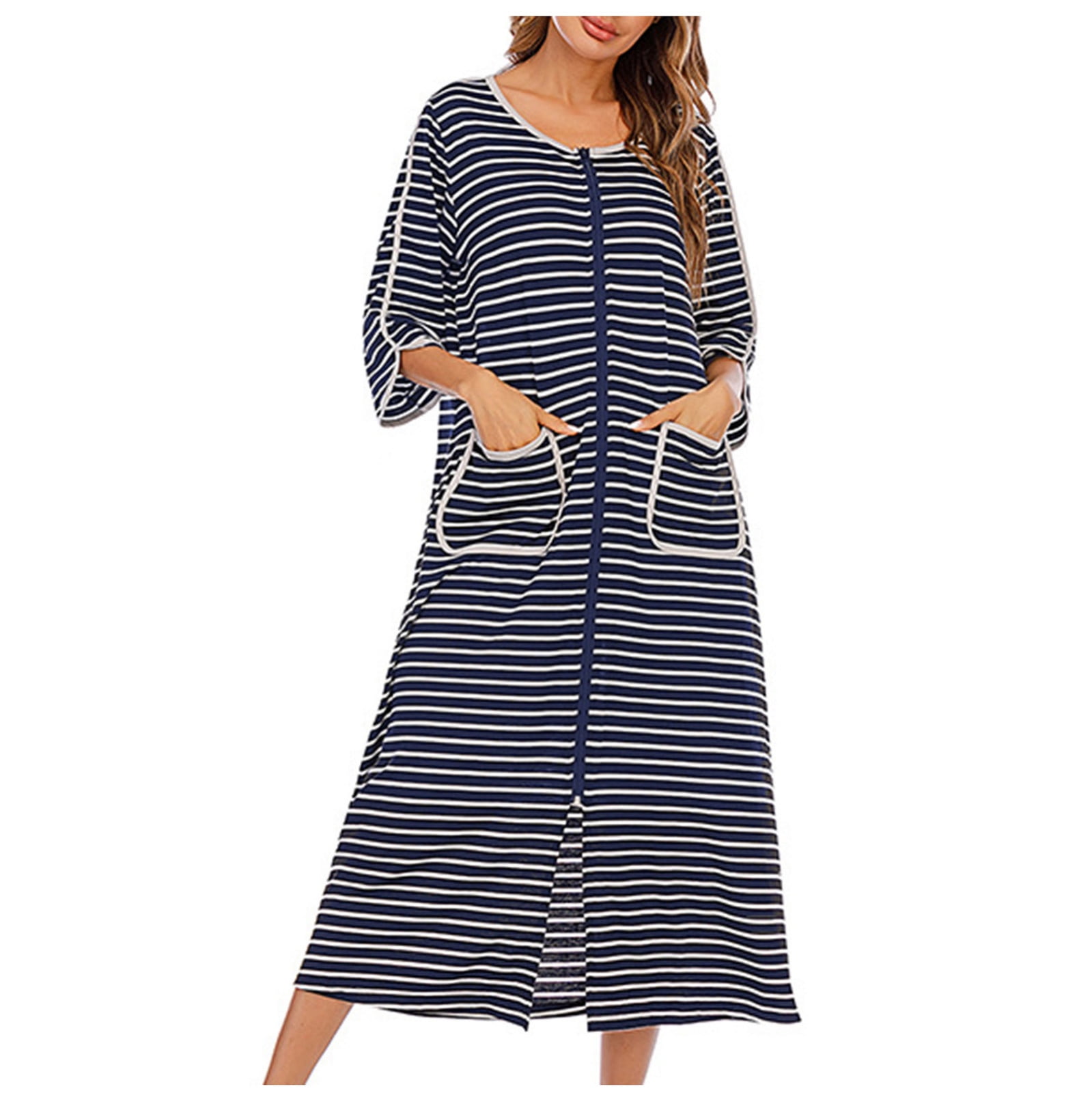 XMMSWDLA Women Robes Zipper Front Nightgown Half Sleeve House Dress ...