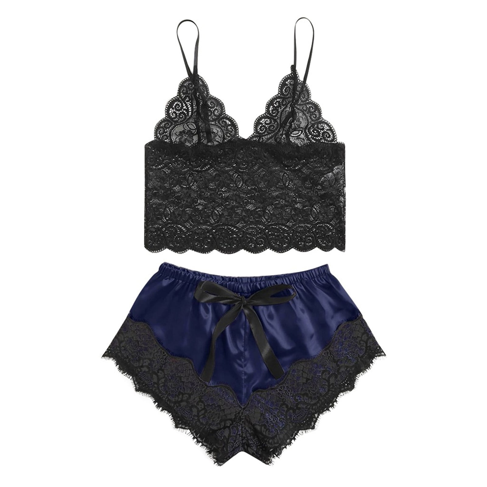 XMMSWDLA Women's 2 Piece Floral Lace Pajama Set Bow Decor Sole Shorts ...