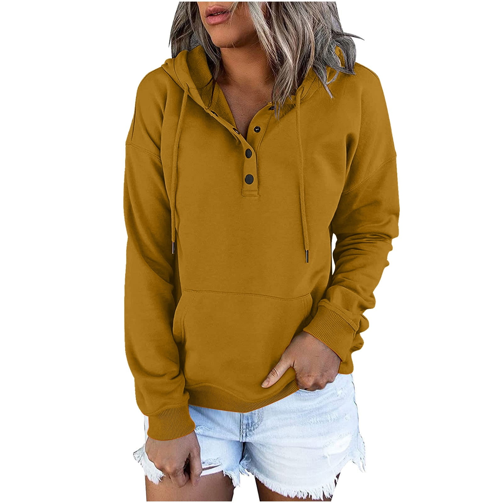 XMMSWDLA Women's Pullover Hoodies Tops Casual Button Down Long Sleeve ...