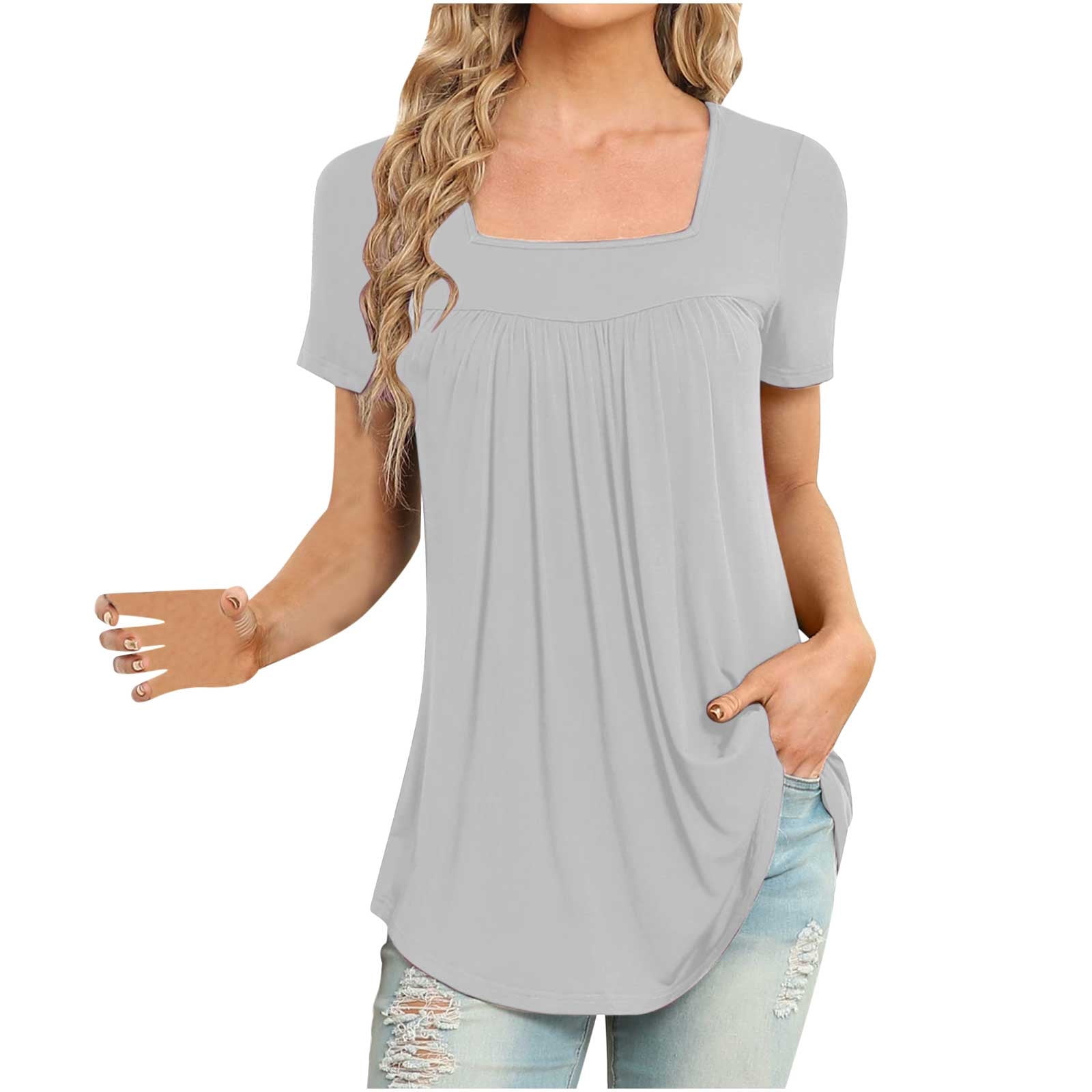 XMMSWDLA Women's Summer Casual T-Shirt Short Sleeve Square Neck Tunic ...
