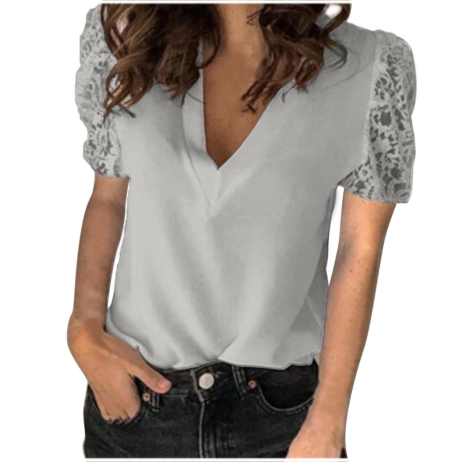 XMMSWDLA Women's Summer Lace Short Sleeve Top V-Neck Loose Shirts ...