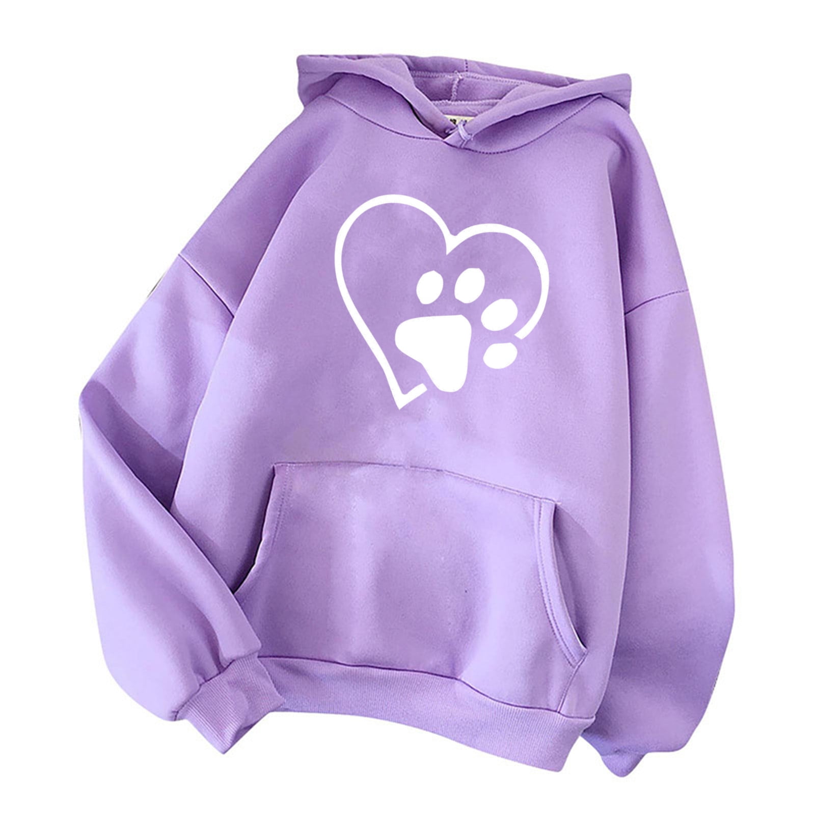 XMMSWDLA Womens Casual Hoodie Heart Print Hooded Sweatshirts Long Sleeve Cute Paw Print Pullover ...