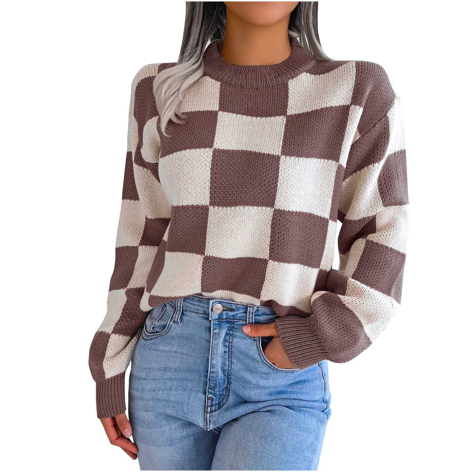 XMMSWDLA Womens Sweaters Fall Fashion Cable Knit Checkered Oversized ...
