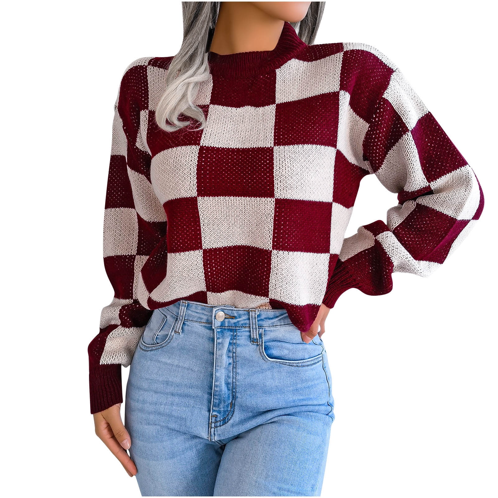 XMMSWDLA Womens Sweaters Fall Fashion Cable Knit Checkered Oversized ...