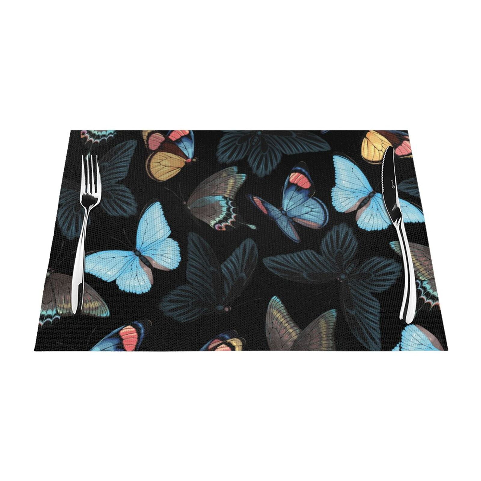 XMXT 1 Pcs PVC Woven Placemats, Black Background Colorful Butterflies ...
