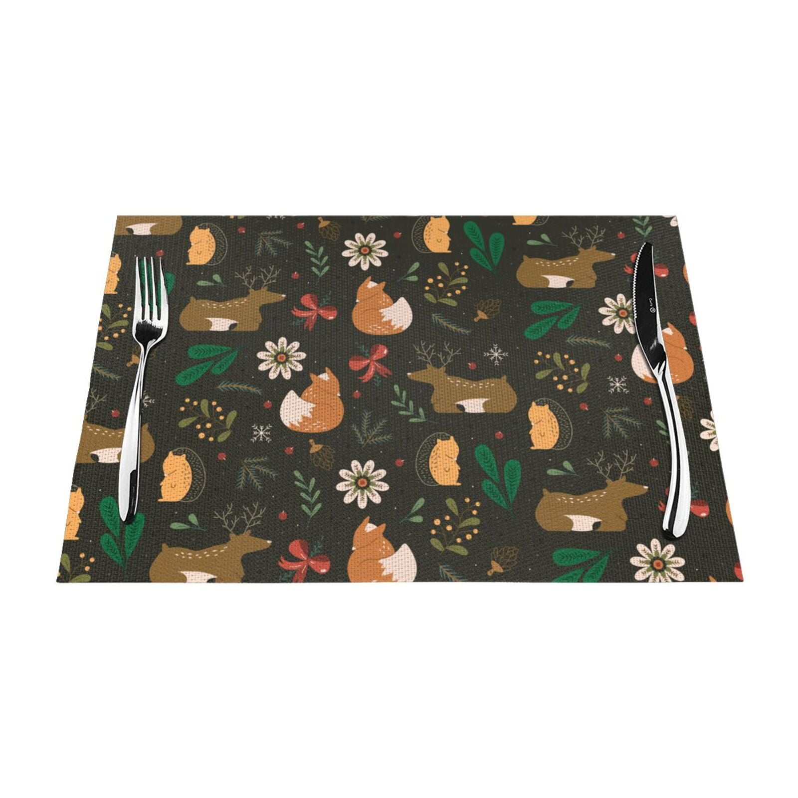 XMXT 1 Pcs PVC Woven Placemats, Cartoon Animals Elk Fox Stain Resistant ...