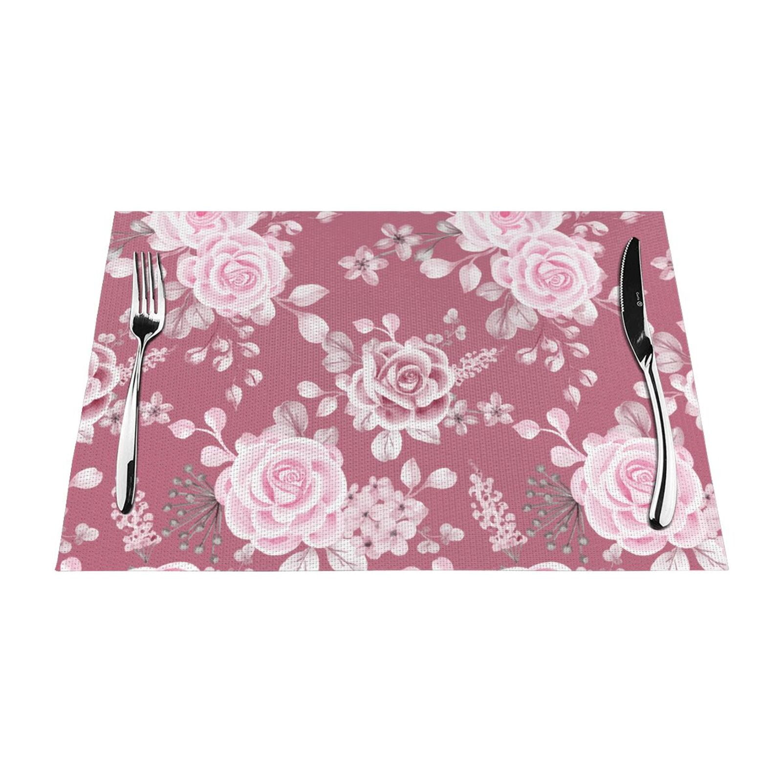 XMXT 1 Pcs PVC Woven Placemats, Hand Painted Pink Roses Stain Resistant ...