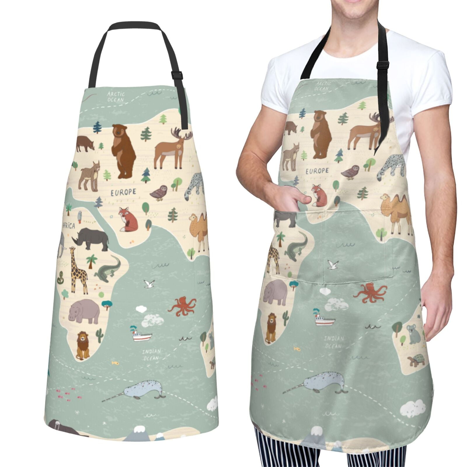 XMXT 1 Pcs Waterproof Kitchen Cooking Apron, Animal Map Drawing ...
