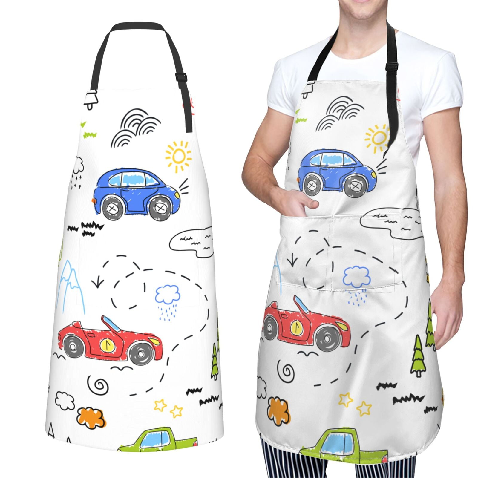 XMXT 1 Pcs Waterproof Kitchen Cooking Apron, Car Cartoon Line Drawing ...