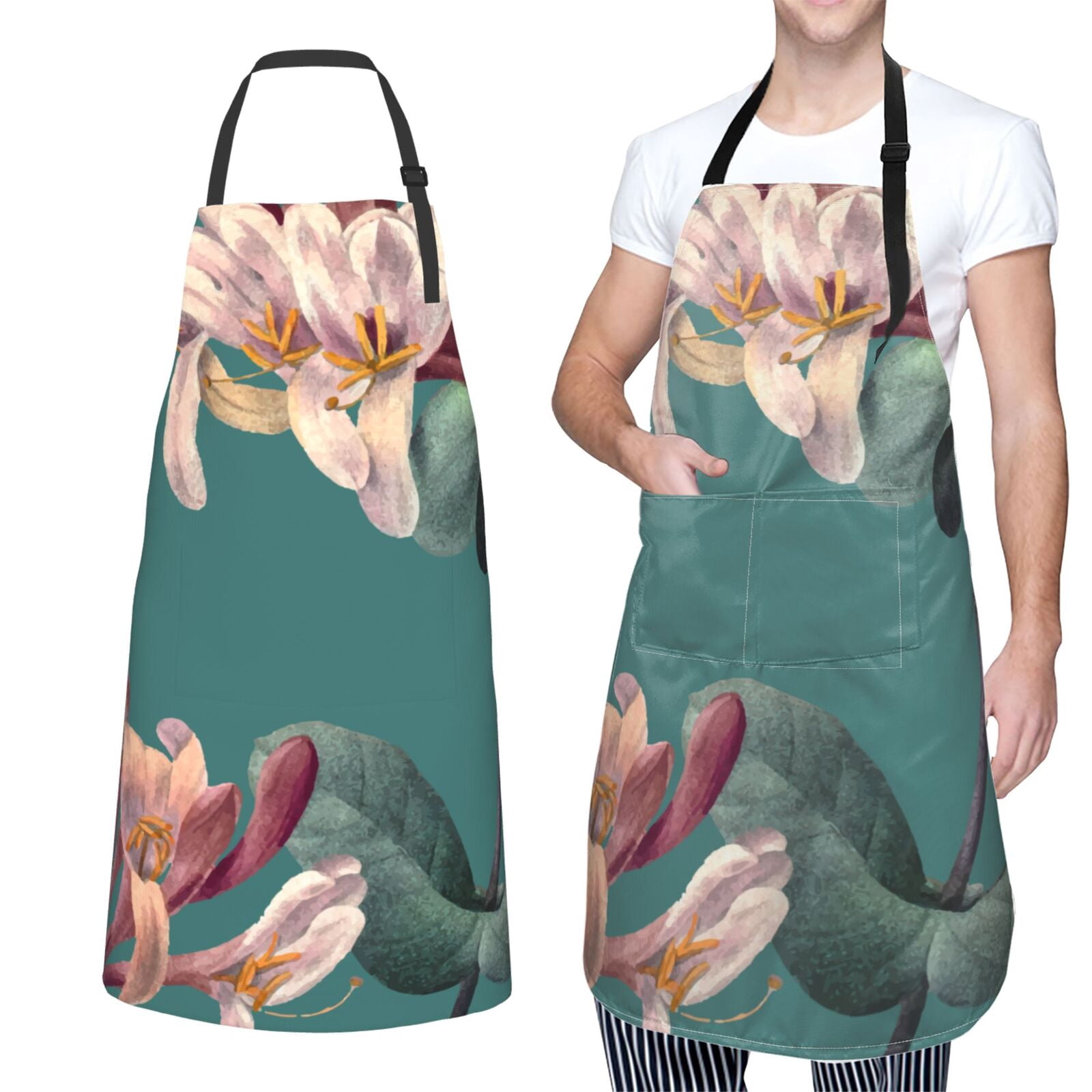 XMXT 1 Pcs Waterproof Kitchen Cooking Apron, Green Watercolor Flower ...