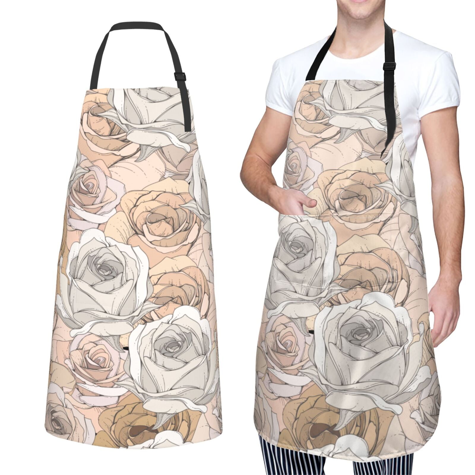 XMXT 1 Pcs Waterproof Kitchen Cooking Apron, Hand Drawn Elegant Rose ...