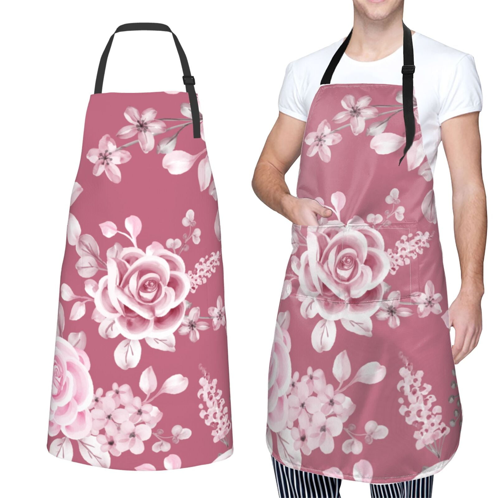 XMXT 1 Pcs Waterproof Kitchen Cooking Apron, Hand Painted Pink Roses ...