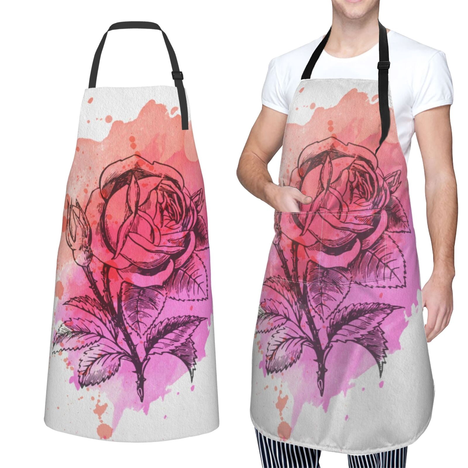 XMXT 1 Pcs Waterproof Kitchen Cooking Apron, Rose Flower Watercolor ...