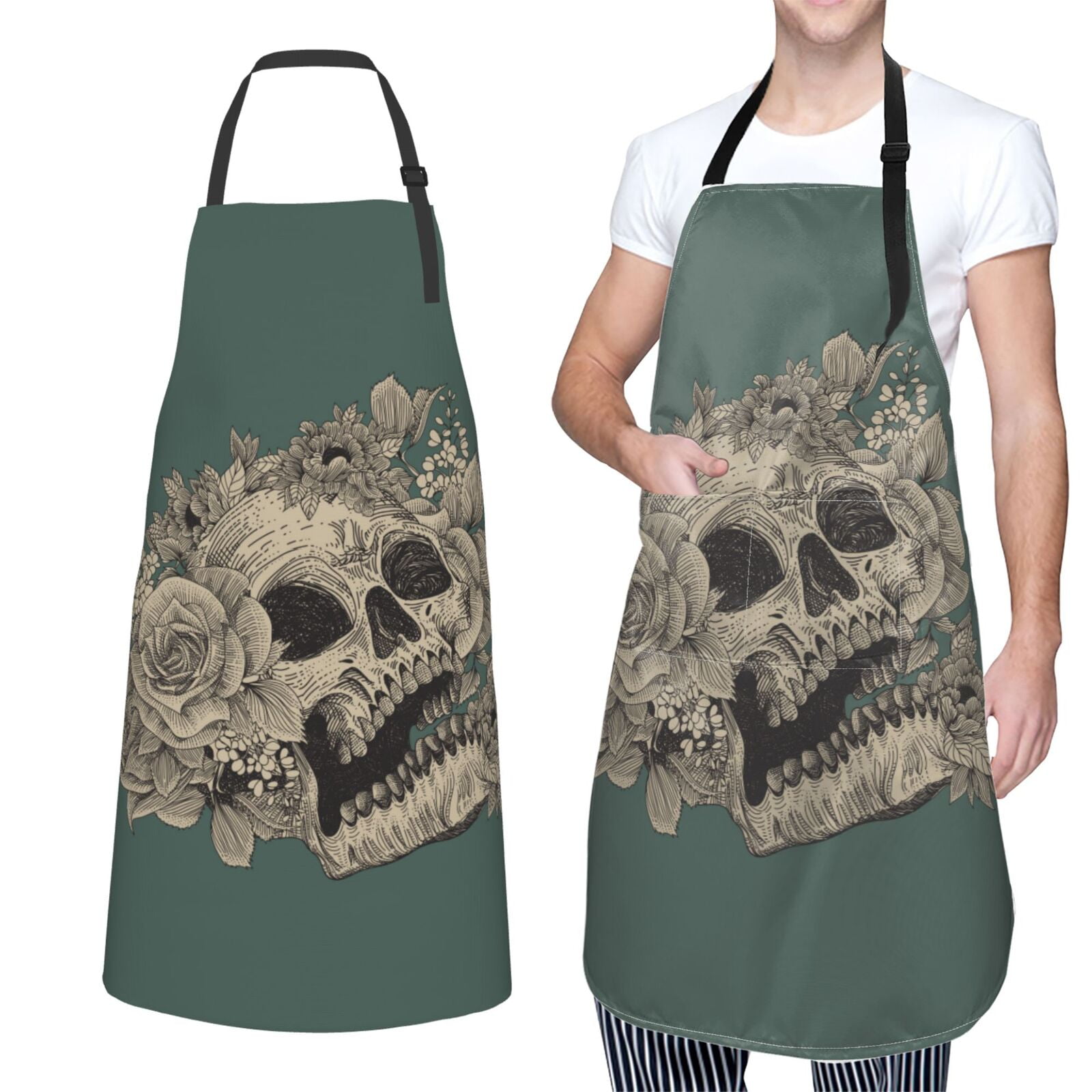 XMXT 1 Pcs Waterproof Kitchen Cooking Apron, Skull Rose Sketch Print ...