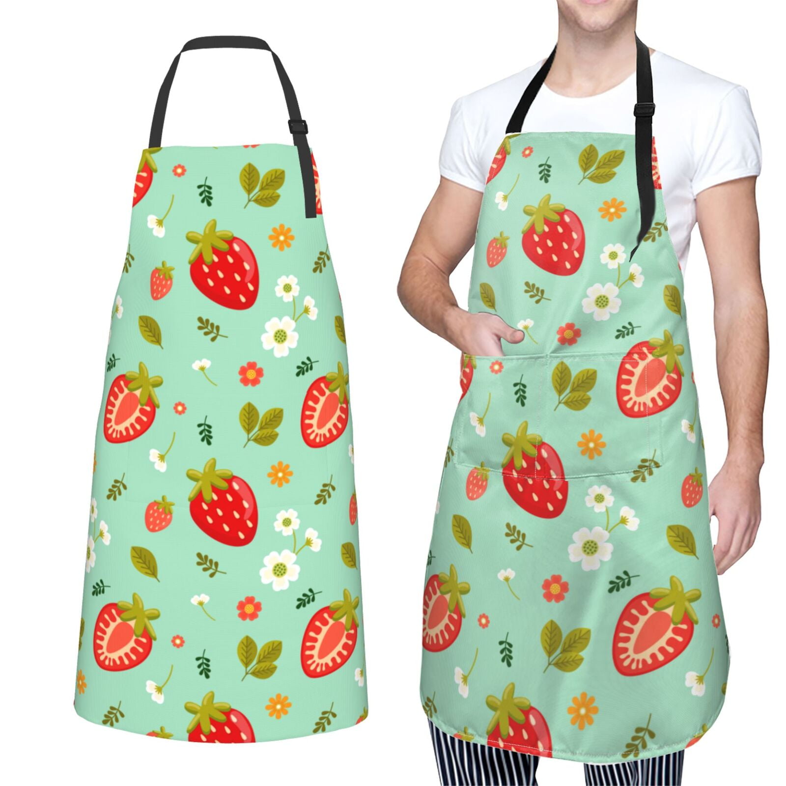 XMXT 1 Pcs Waterproof Kitchen Cooking Apron, Strawberry Green Prints ...