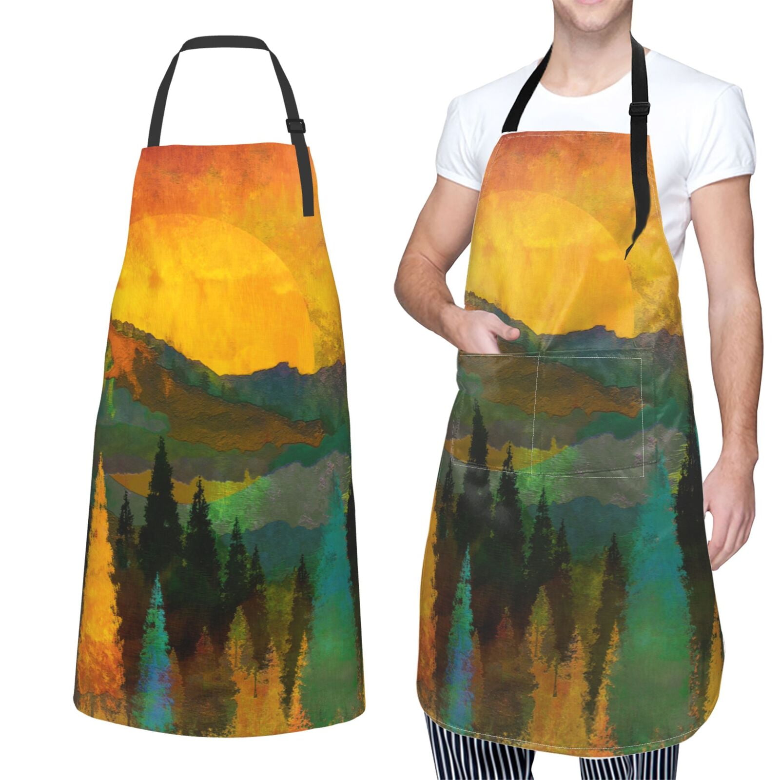 XMXT 1 Pcs Waterproof Kitchen Cooking Apron, Trees Mountains Pattern ...