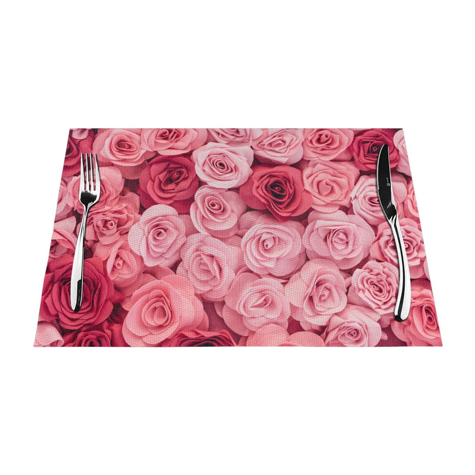 XMXT 4 Pcs PVC Woven Placemats, Pink Series Rose Print Stain Resistant ...